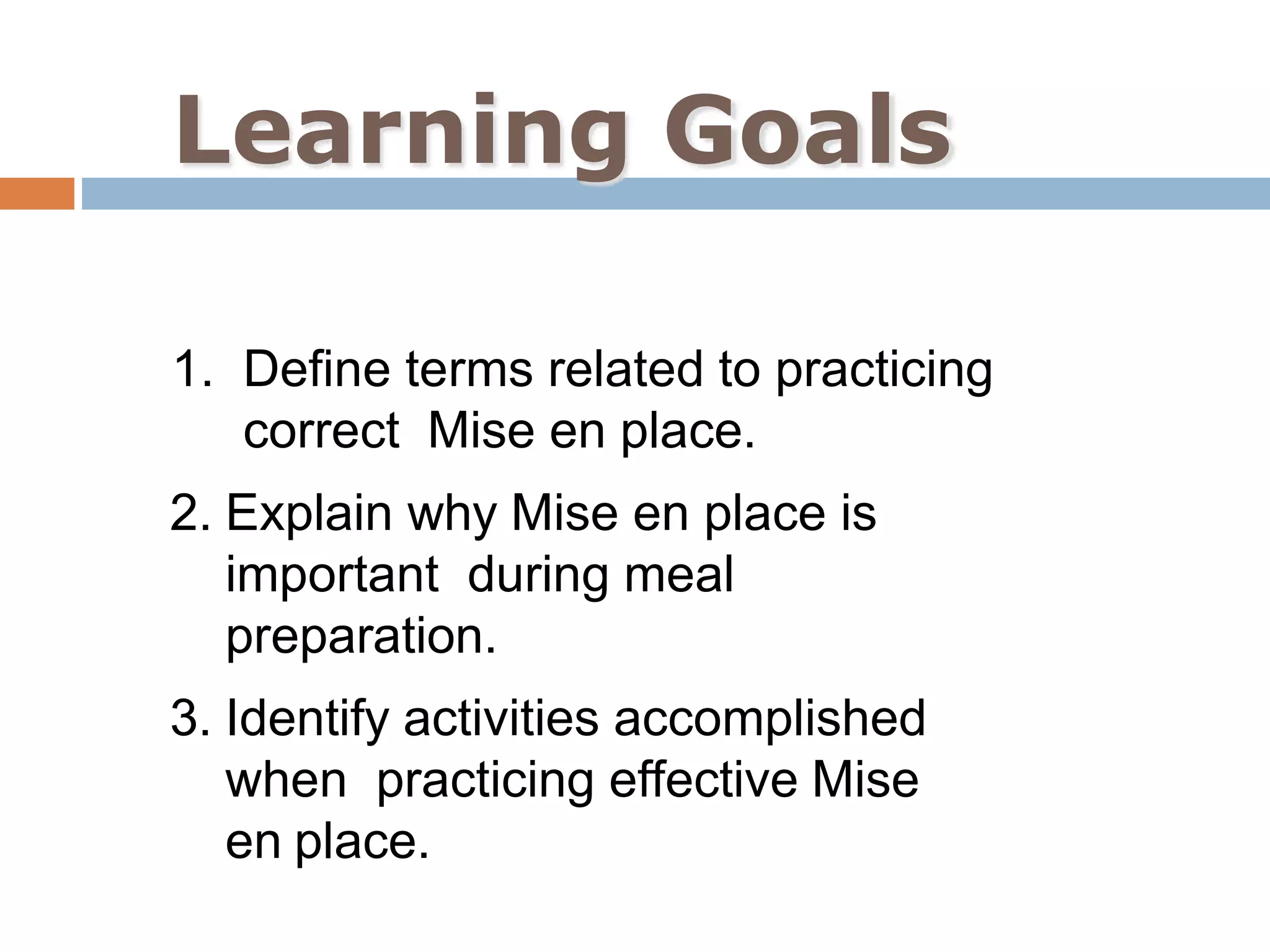HMPE 10- lesson2 INTRODUCTION TO MISE EN PLACE | PPTX