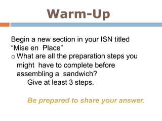 HMPE 10- lesson2 INTRODUCTION TO MISE EN PLACE | PPTX
