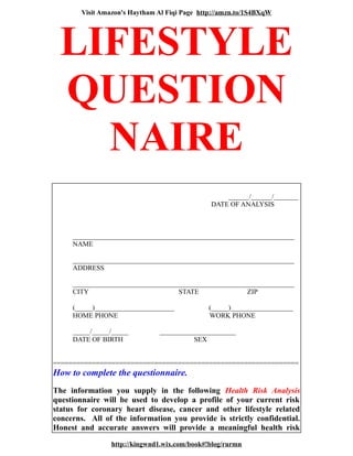 BIOANALOGICS HEALTH RISK ANALYSIS LIFESTYLE QUESTIONNAIRE | RTF | Heart ...