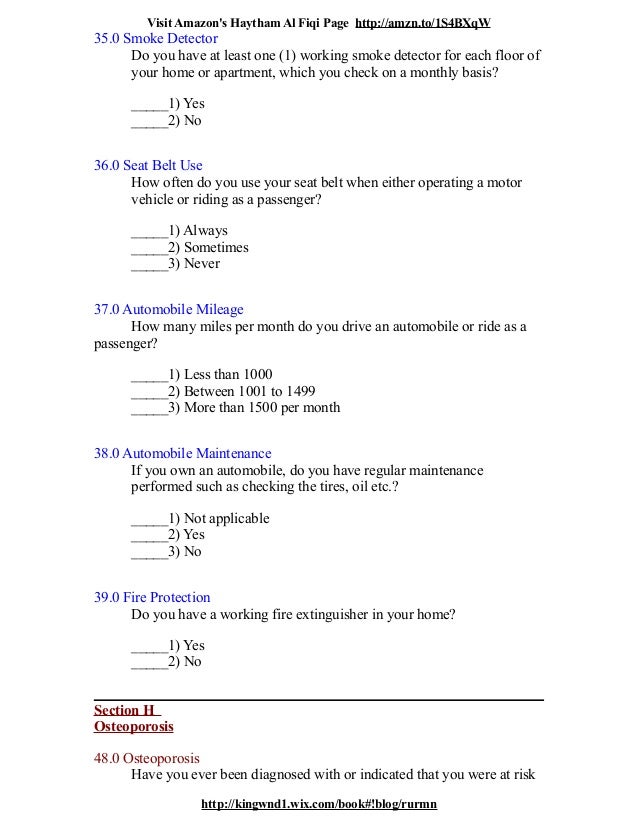 BIOANALOGICS HEALTH RISK ANALYSIS LIFESTYLE QUESTIONNAIRE