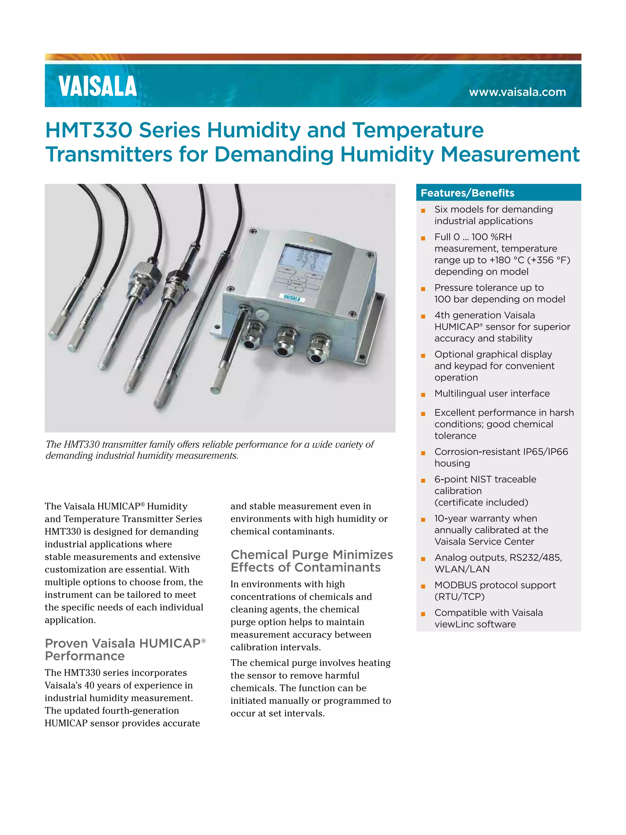 Vaisala HMT330 Series IndustrialTemperature and Humidity Transmitters | PDF