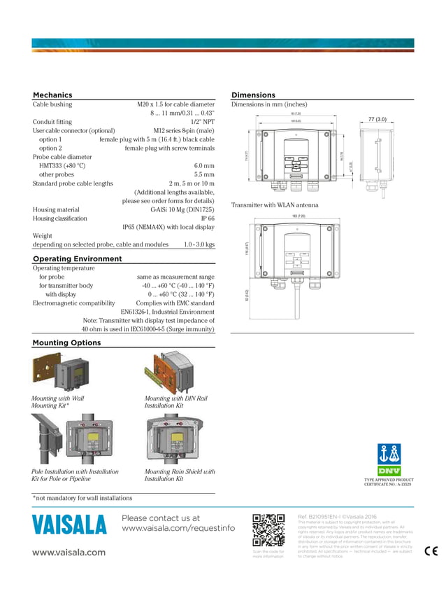 Vaisala HMT330 Series IndustrialTemperature and Humidity Transmitters | PDF