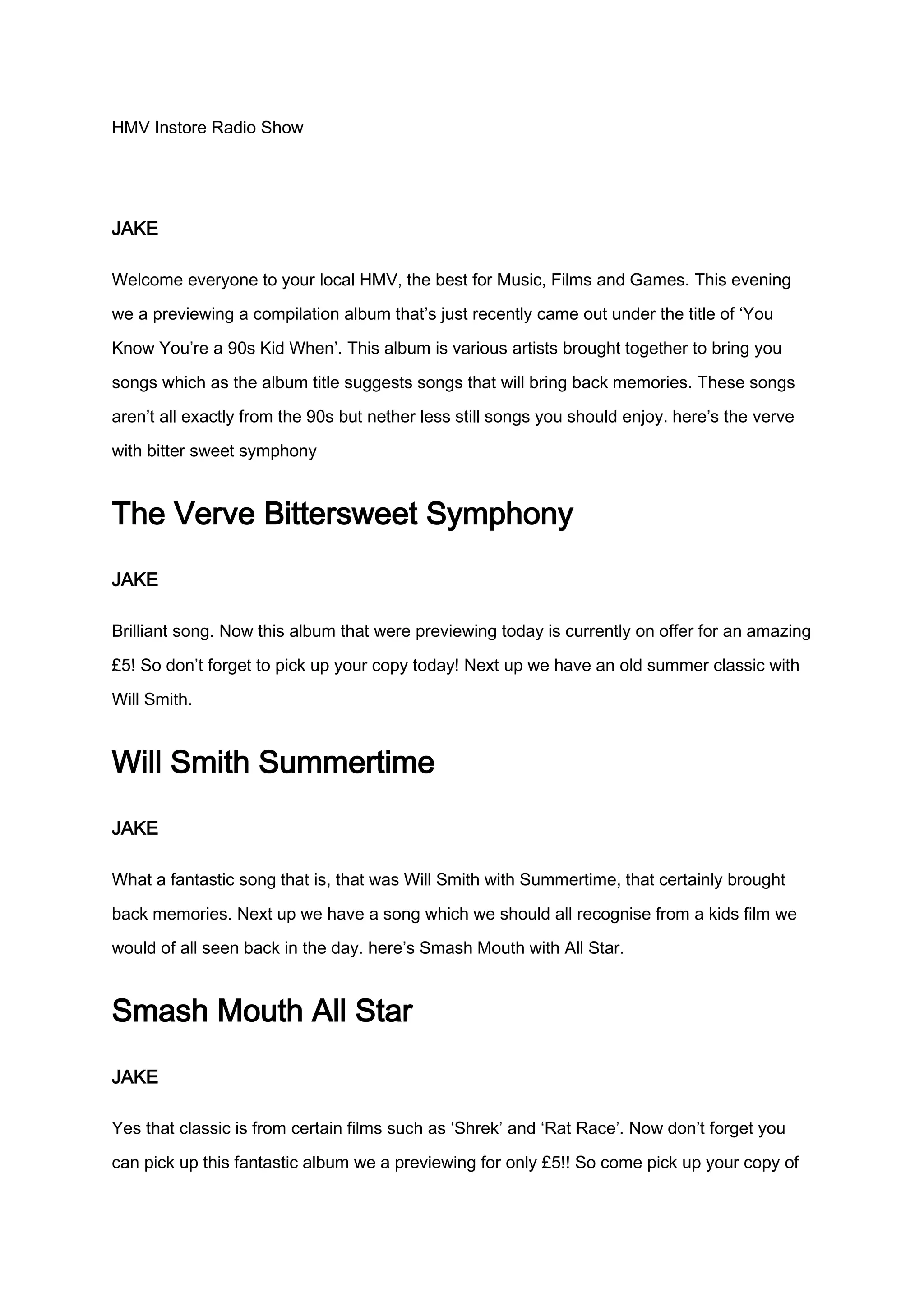 Hmv instore radio playlist script | PDF