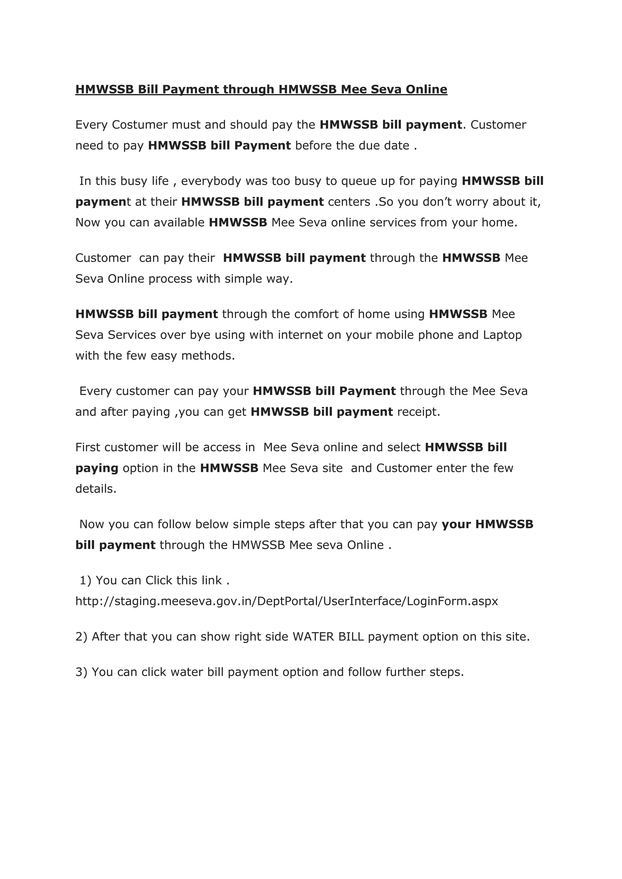 Hmwssb bill payment | PDF