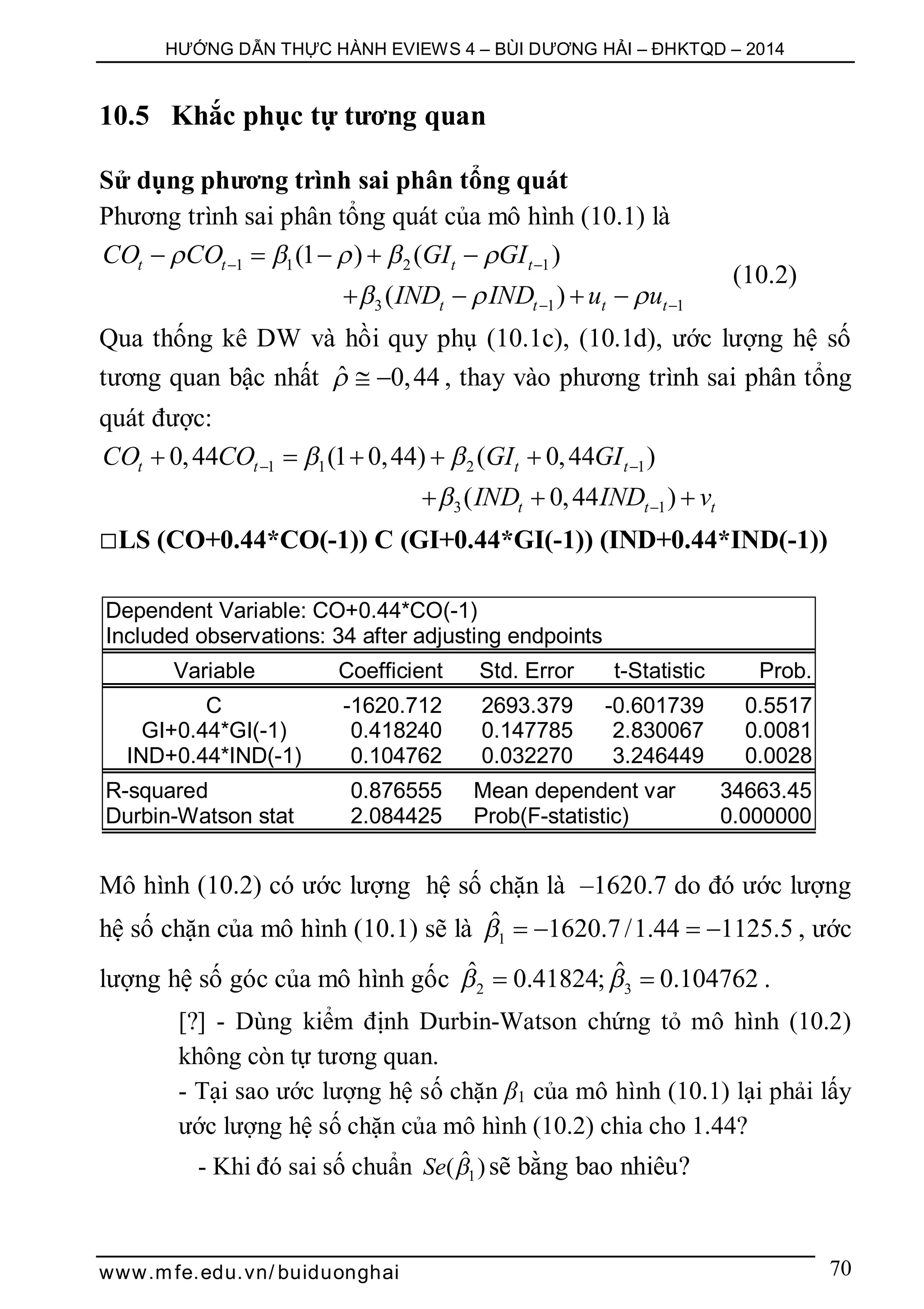 Hướng dẫn thực hành phần mềm Eviews môn KTL | PDF