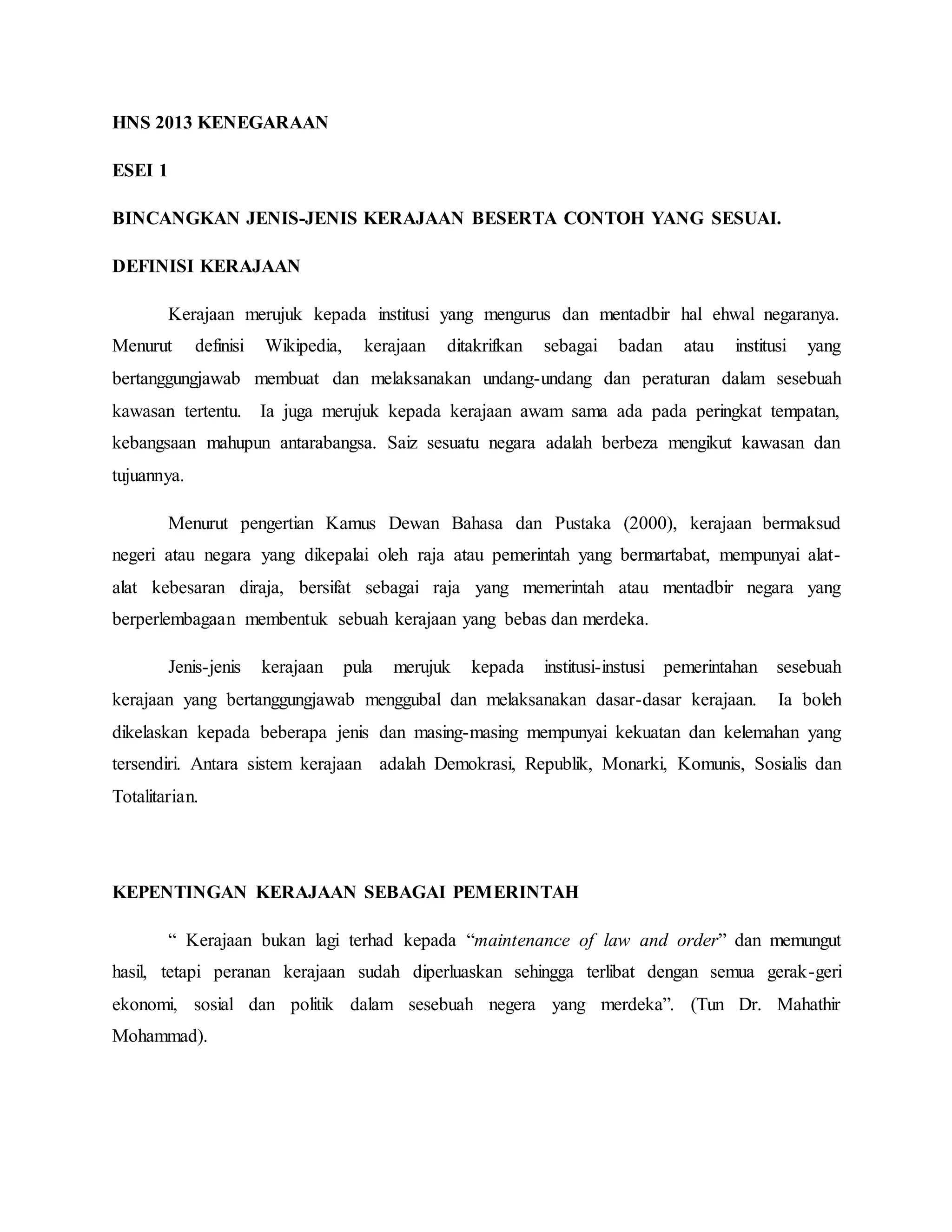 Hns 2013 kenegaraan esei 1 - bincangkan jenis-jenis kerajaan | PDF