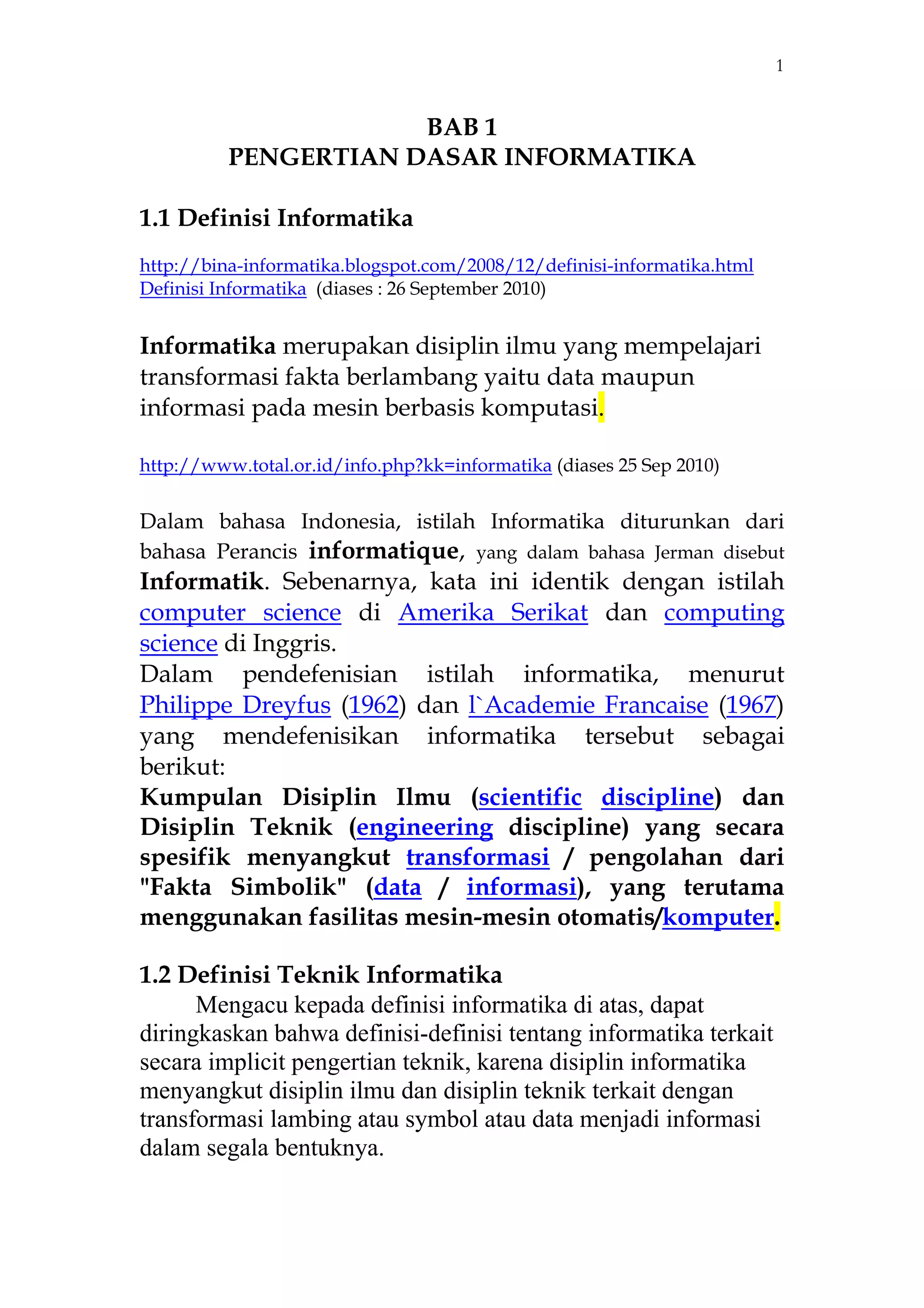 BAB 1 PENGERTIAN DASAR INFORMATIKA | PDF