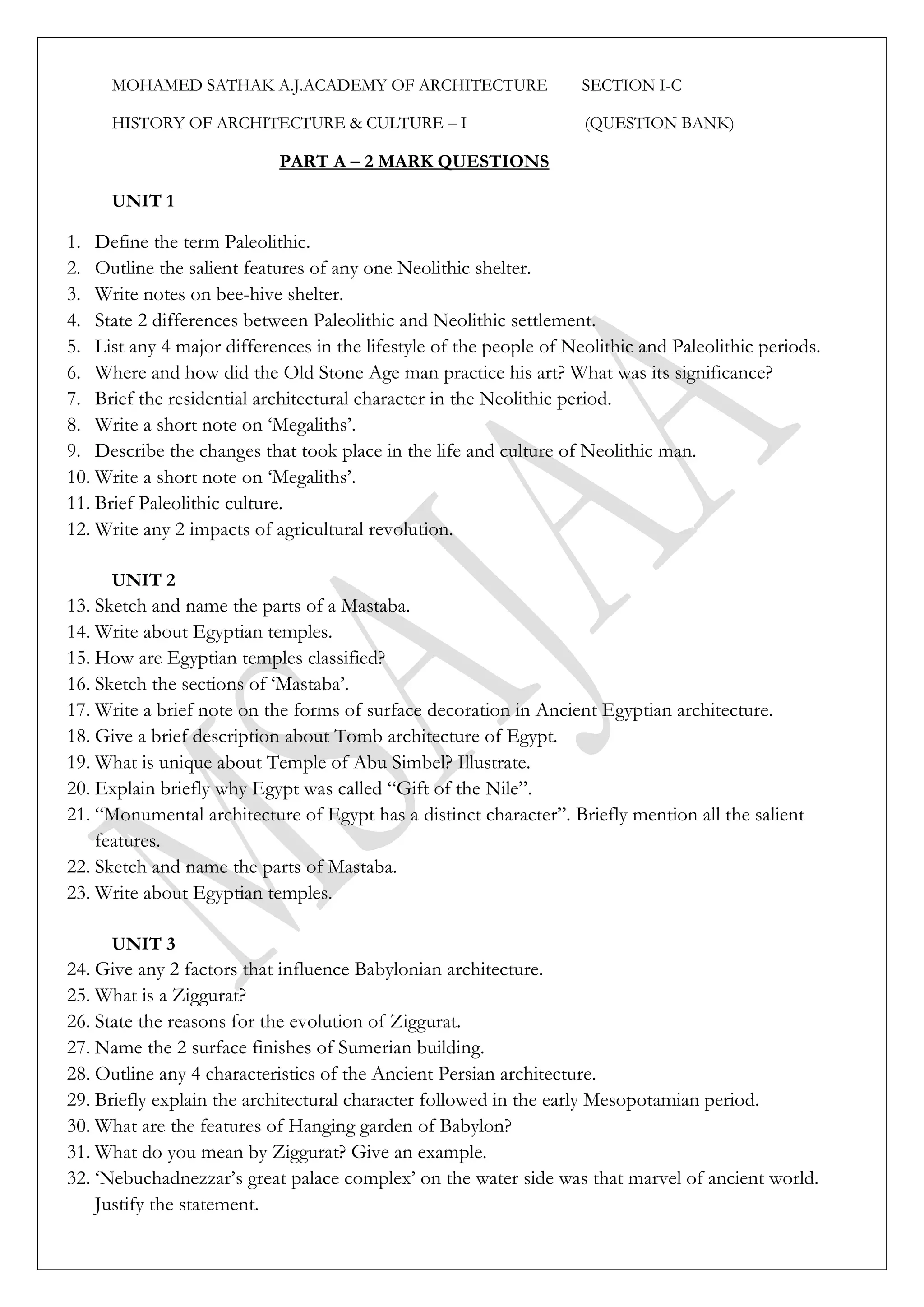 HISTORY OF ARCHITECTURE question bank | PDF