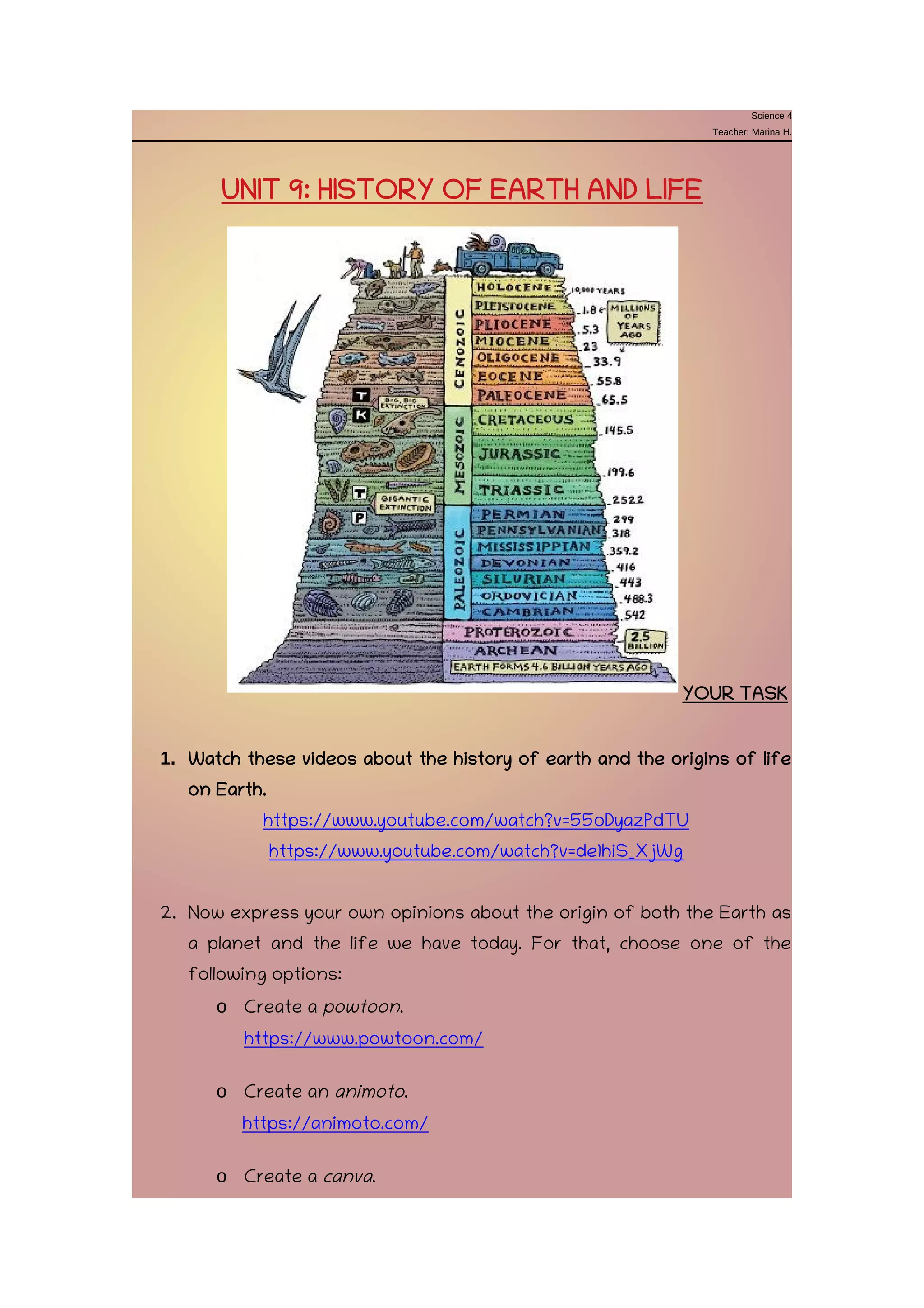 HISTORY OF EARTH AND LIFE: SCIENCE PROJECT | PDF
