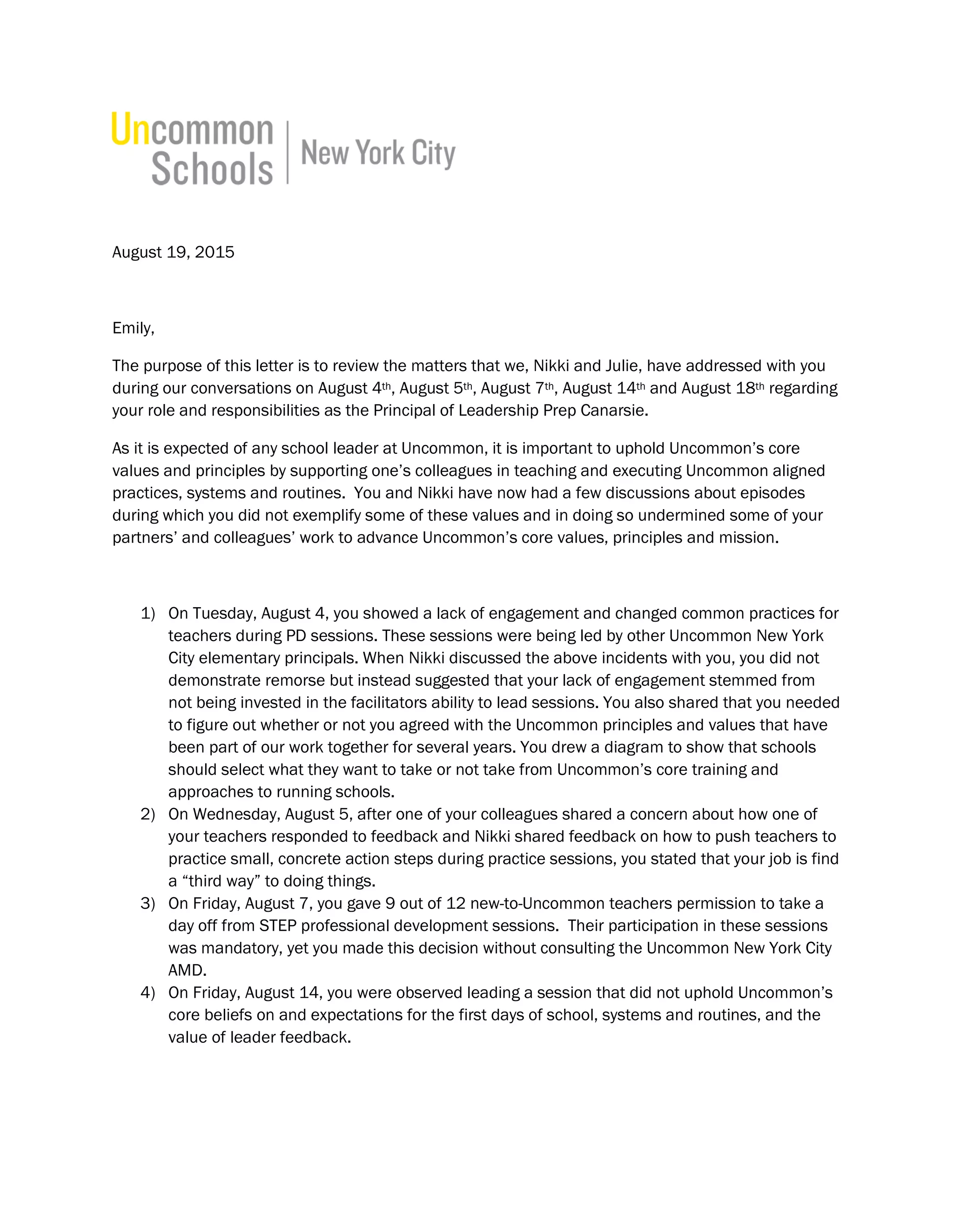 Uncommon Schools Disciplinary Letter | PDF