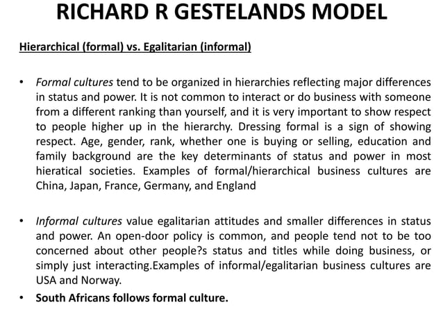 Geert Hofstede And Richard R Gesteland Model On South African Culture Ppt