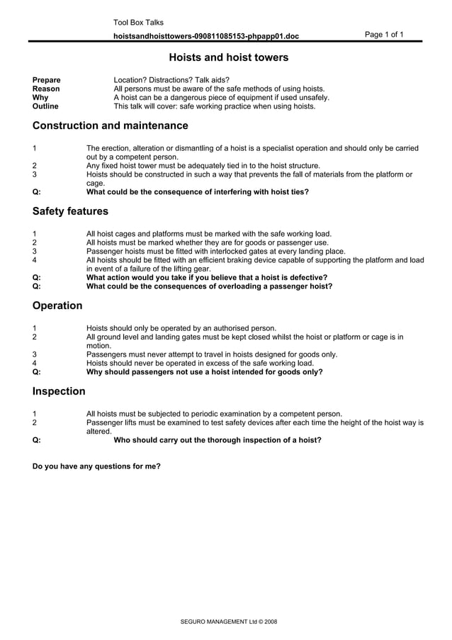 Hoists And Hoist Towers | DOC | Home Security | Home & Garden