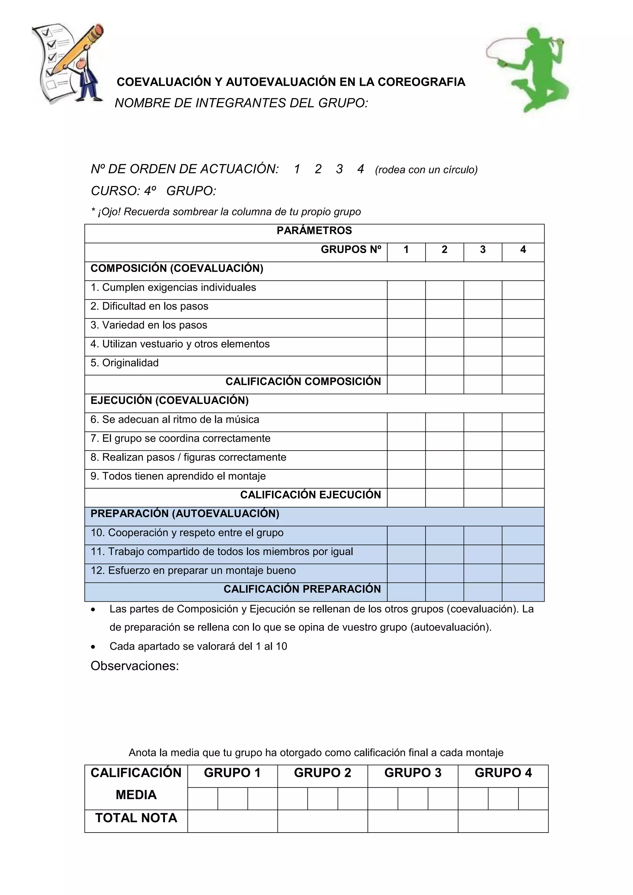 Hoja de coevaluación y autoevaluación en combas | PDF