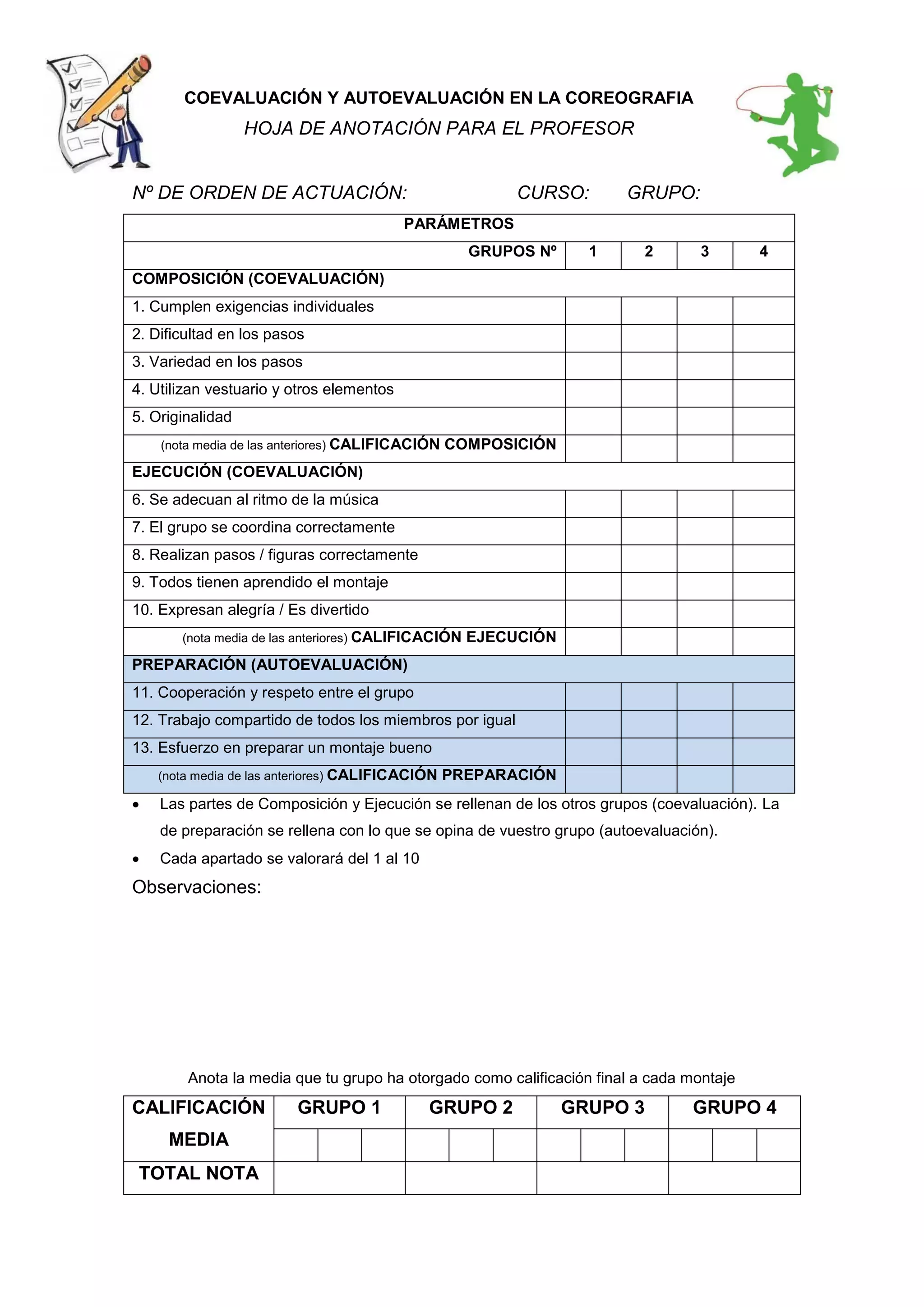 Hoja de coevaluación y autoevaluación en combas | PDF