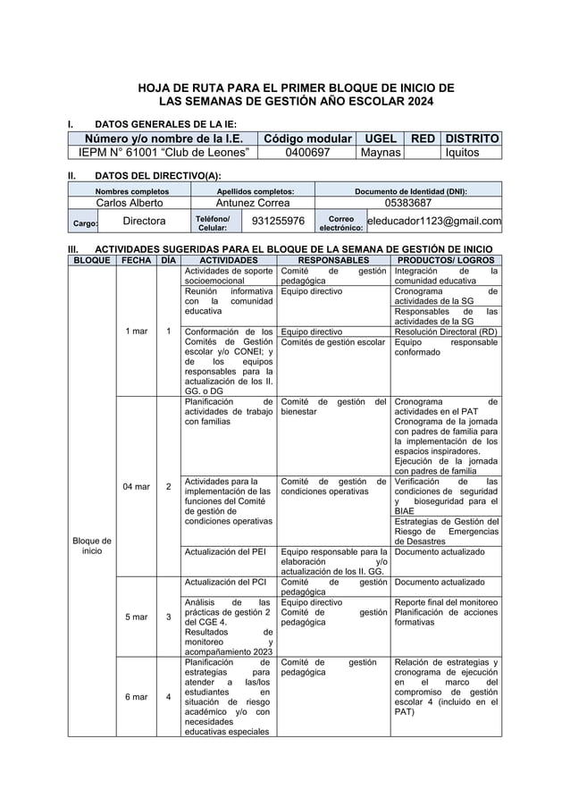 HOJA DE RUTA PARA EL PRIMER BLOQUE DE INICIO DE LAS SEMANAS DE GESTIÓN AÑO ESCOLAR 2024.docx