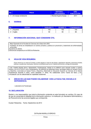 Hoja de vida facultad ciencias de la salud catlina murillo | PDF