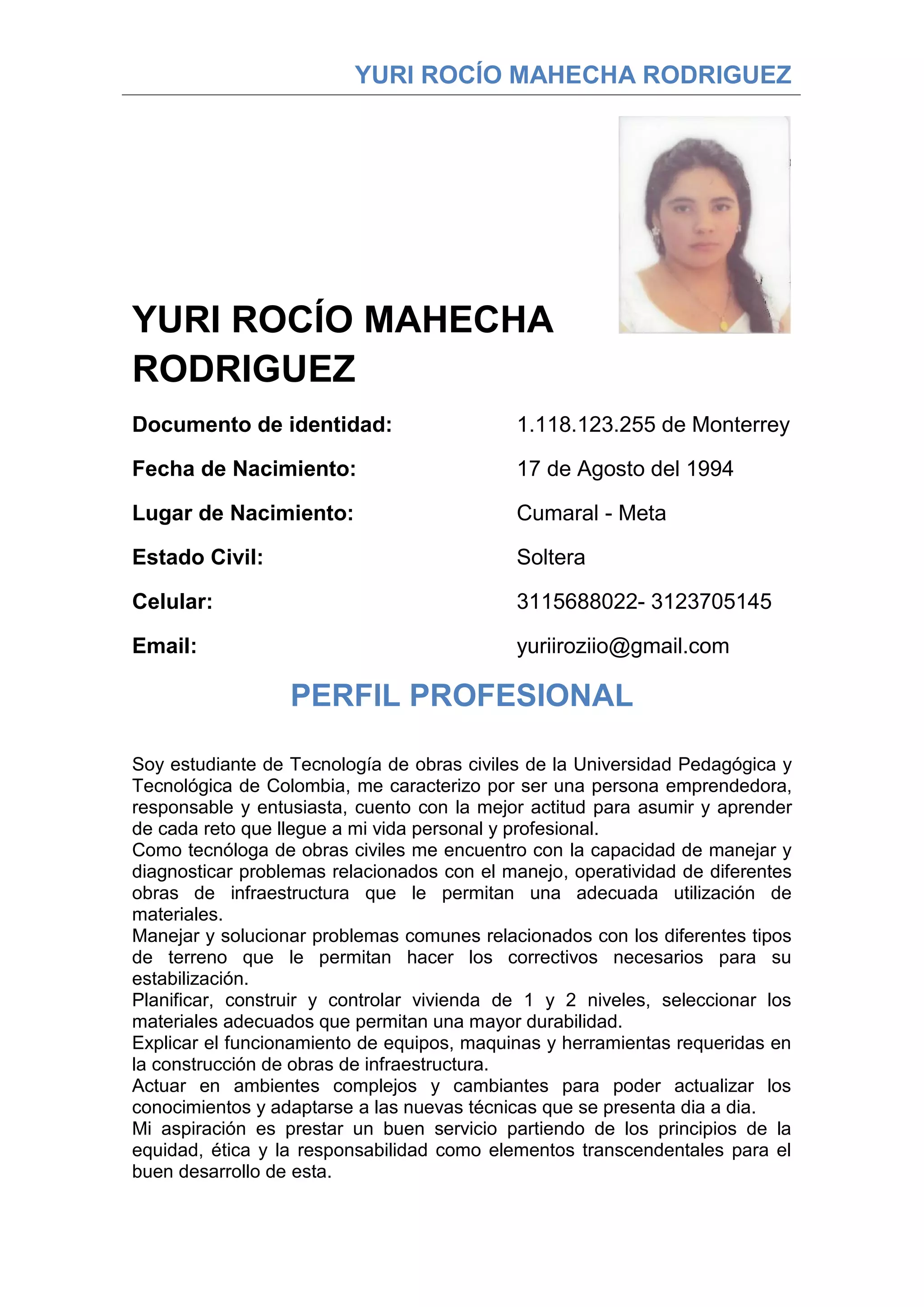 Hoja de Vida Yuri Mahecha | PDF