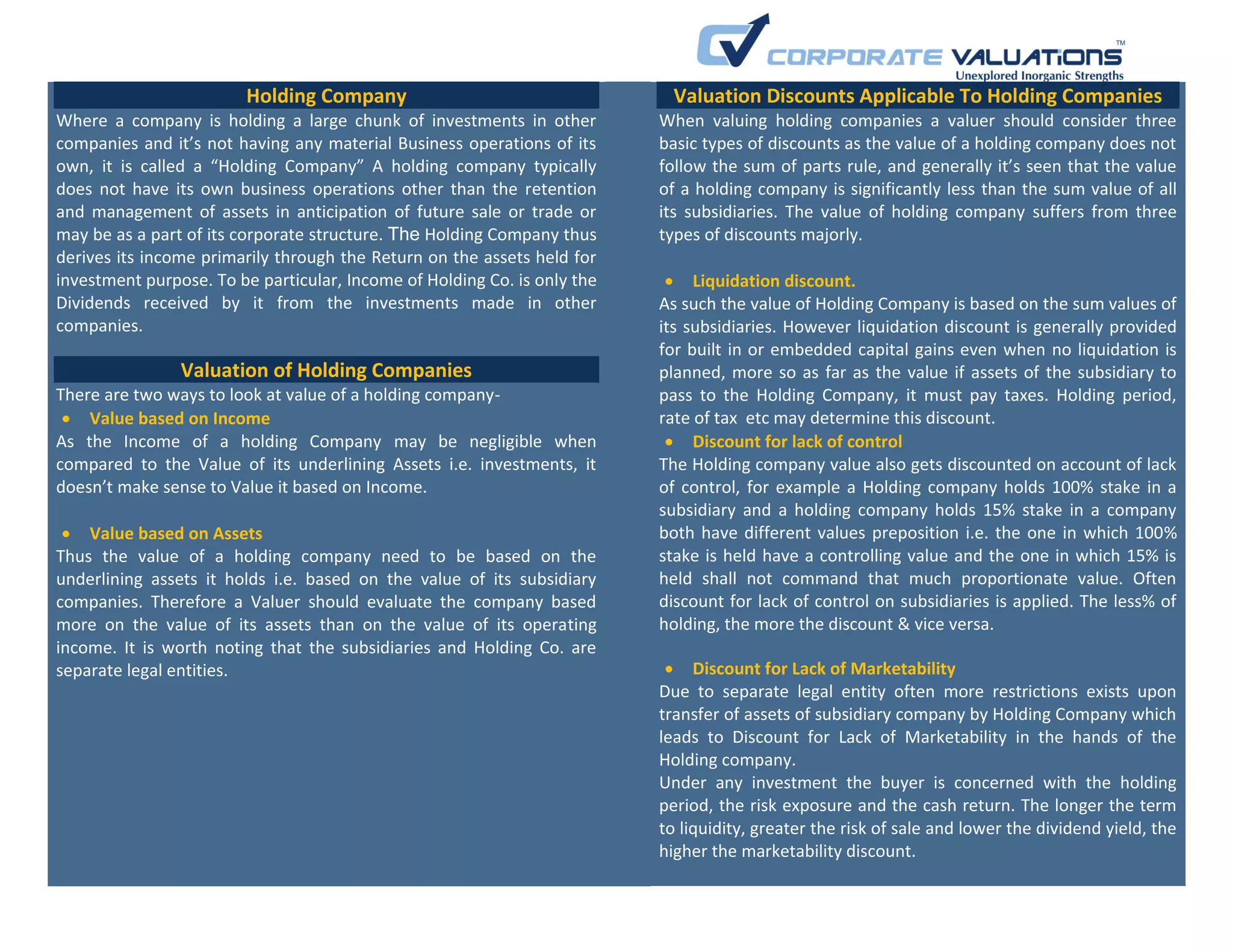 Valuation Discounts for Holding Company: A Business Valuation Article | PDF