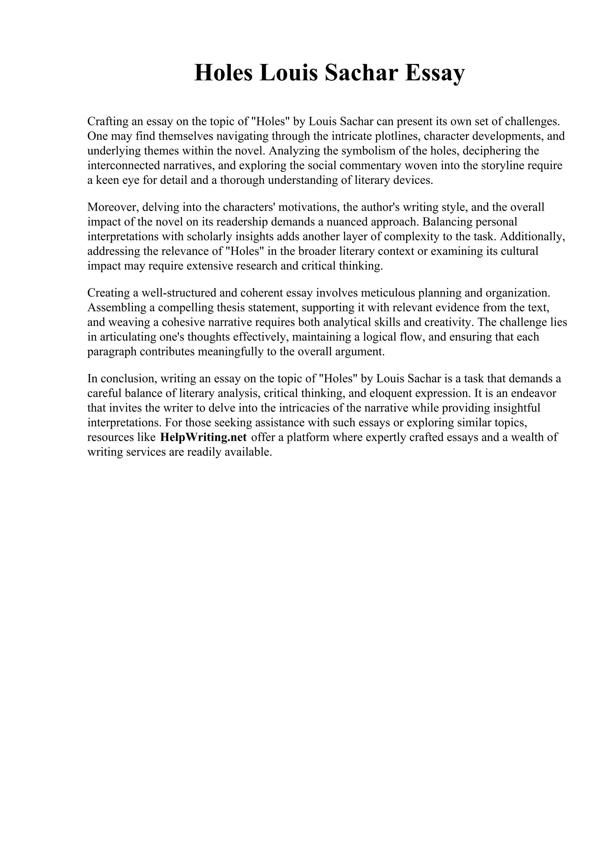 Holes Louis Sachar Essay. Marquette University | PDF