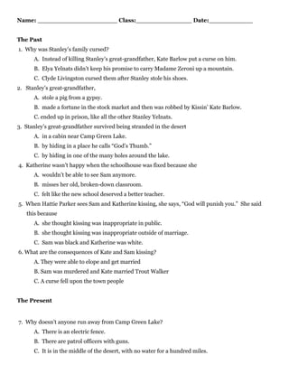 A test on the novel Holes, with questions | DOCX