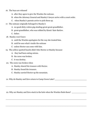 A test on the novel Holes, with questions | DOCX