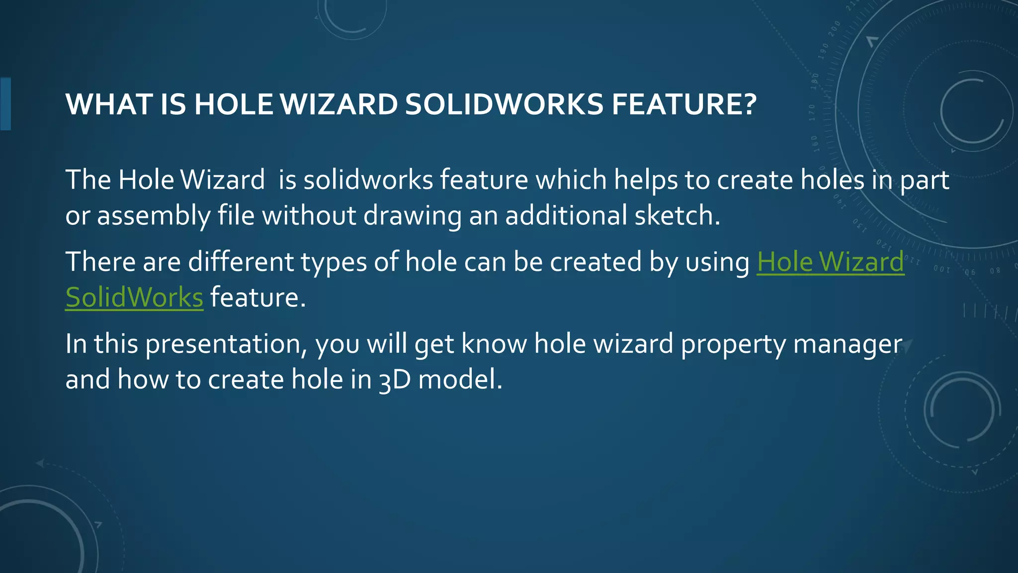 Hole Wizard Feature SolidWorks CAD Tutorial for Beginners | PPTX