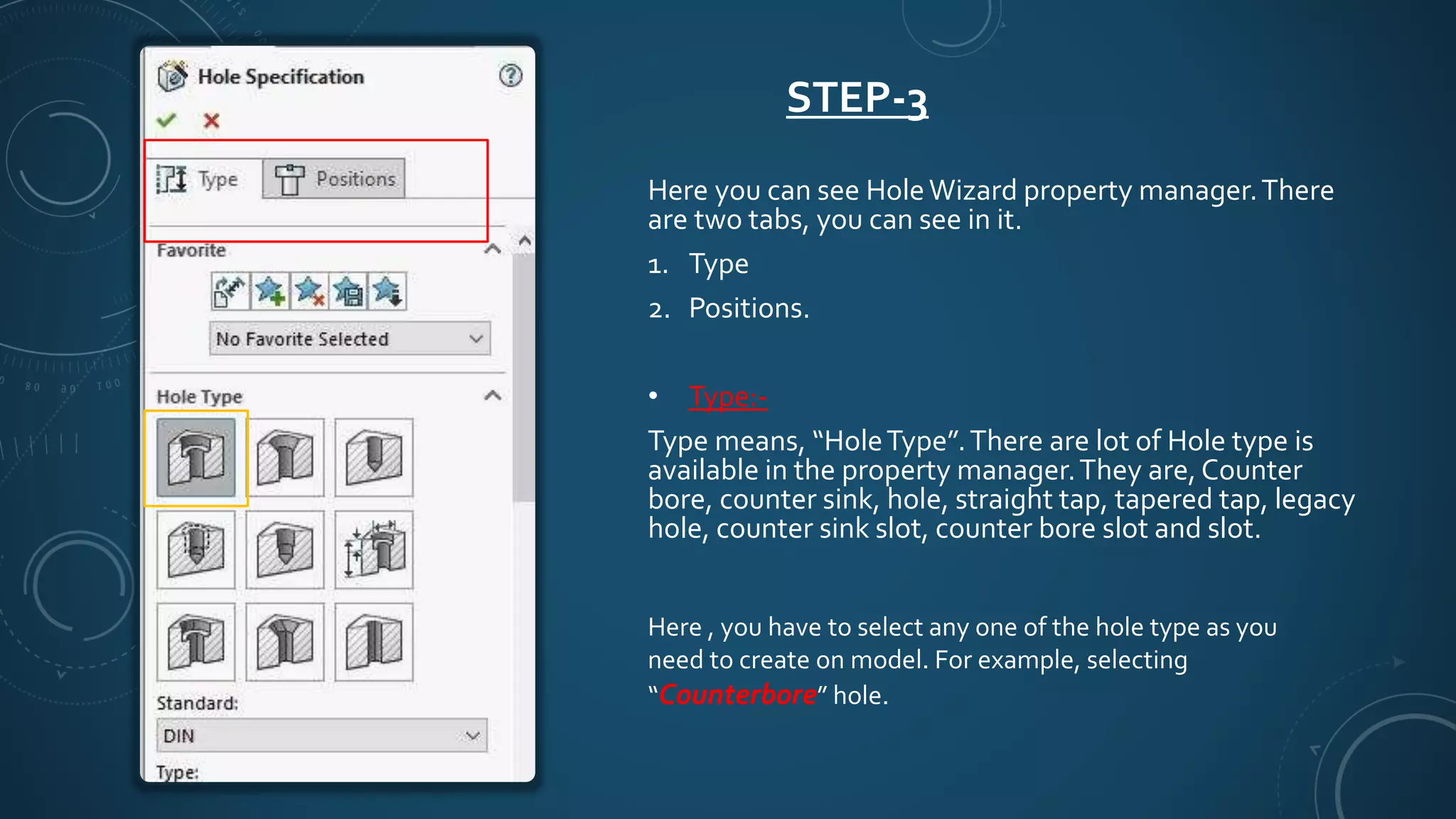 Hole Wizard Feature Solidworks Cad Tutorial For Beginners Ppt