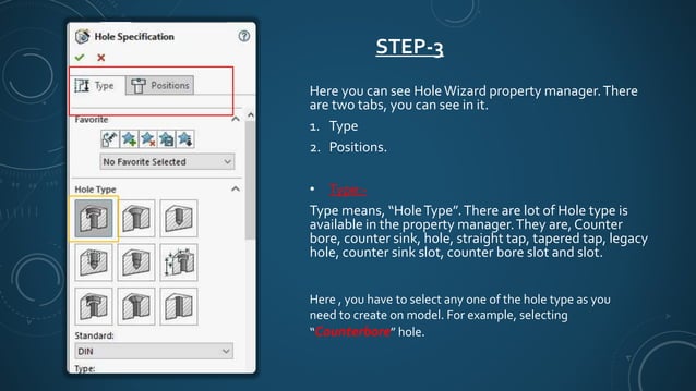 Hole Wizard Feature SolidWorks CAD Tutorial for Beginners | PPTX | Technology & Computing