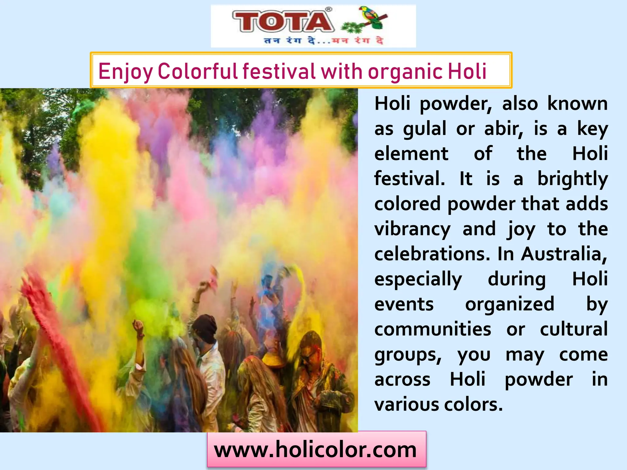 Holi Celebration in Australia with Tota Gulal Powder.pptx | Hinduism ...