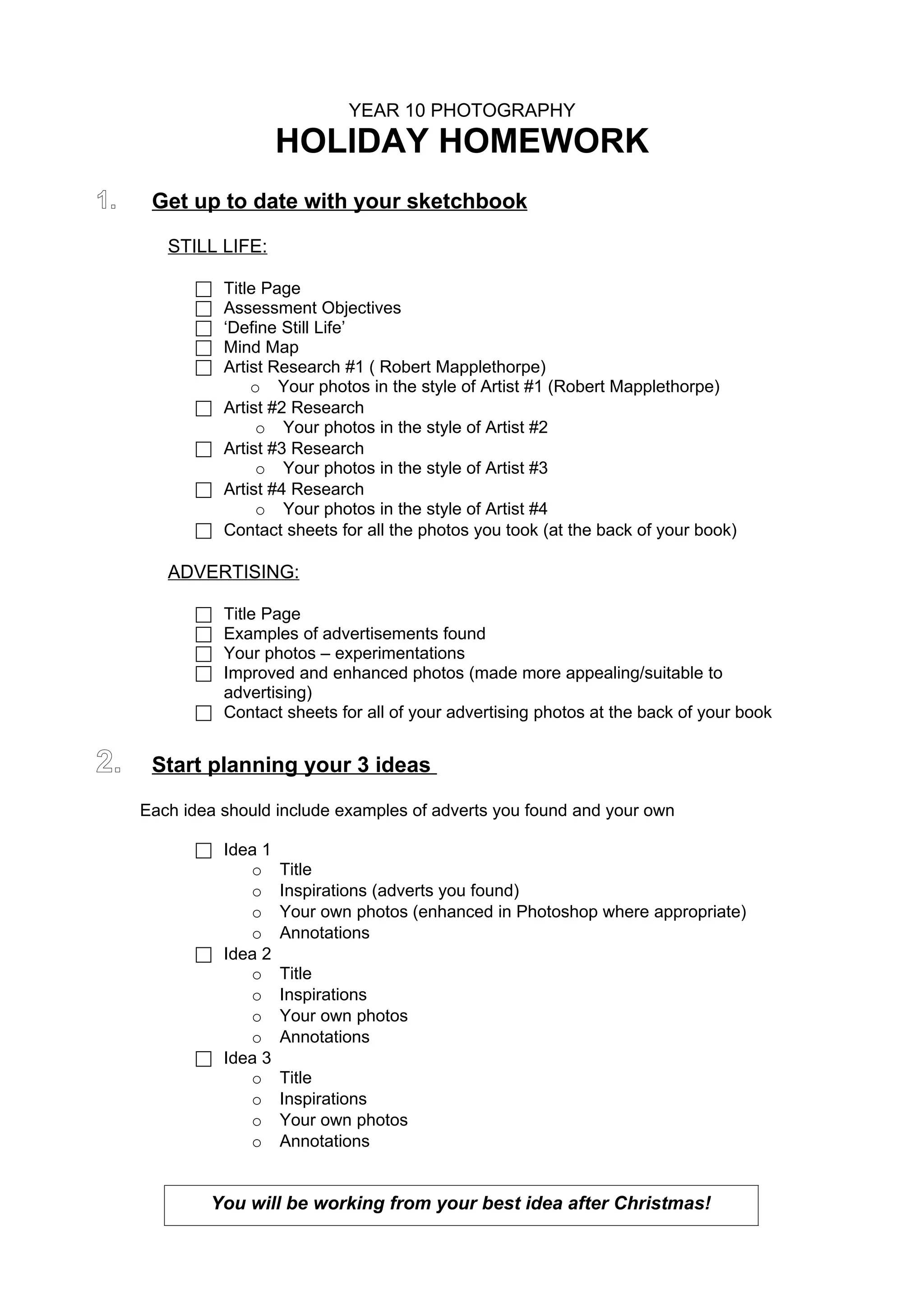 Holiday homework | DOC | Arts and Crafts | Hobbies & Interests