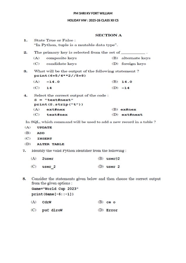HOLIDAY HOMEWORK FOR CLASS XII COMPUTER SC | DOCX