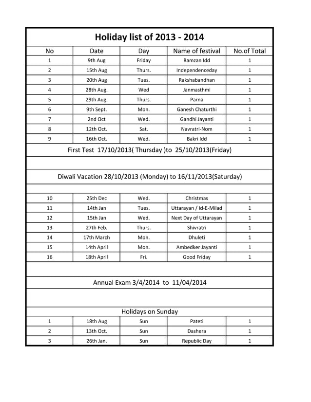 Holiday list 2013-14 | PDF | National & Civic Holidays | Holidays