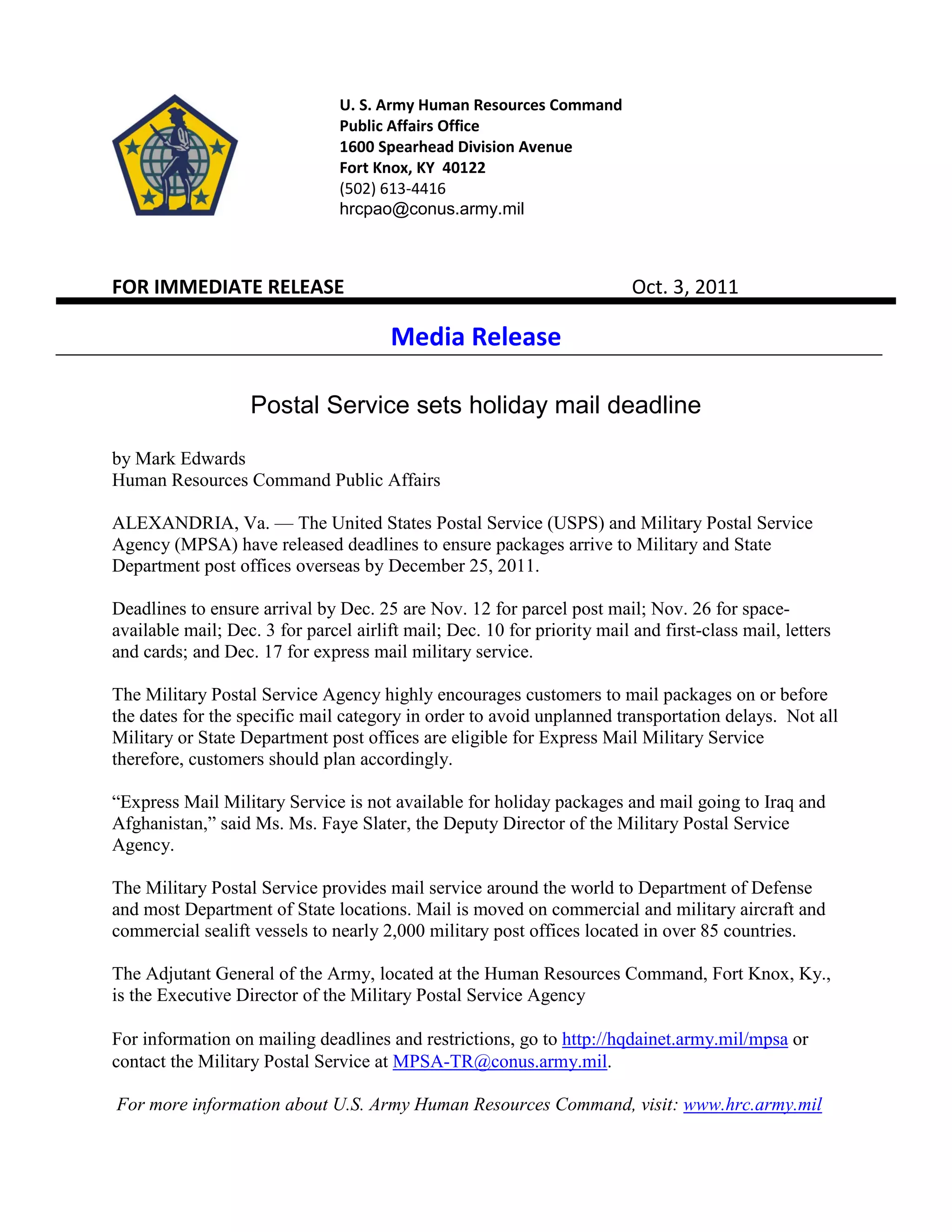 Holiday Mailing Schedule | PDF