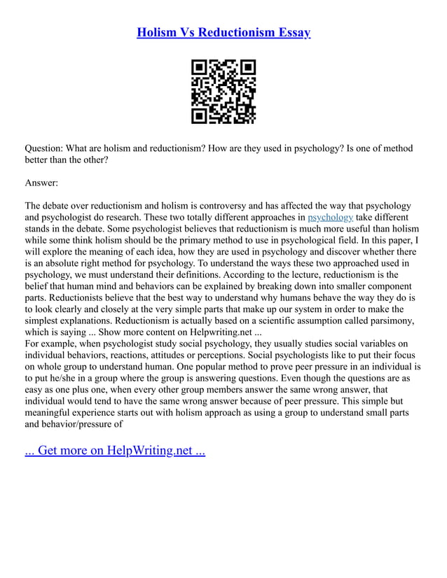 Holism Vs Reductionism Essay | PDF | Educational Assessment | Education
