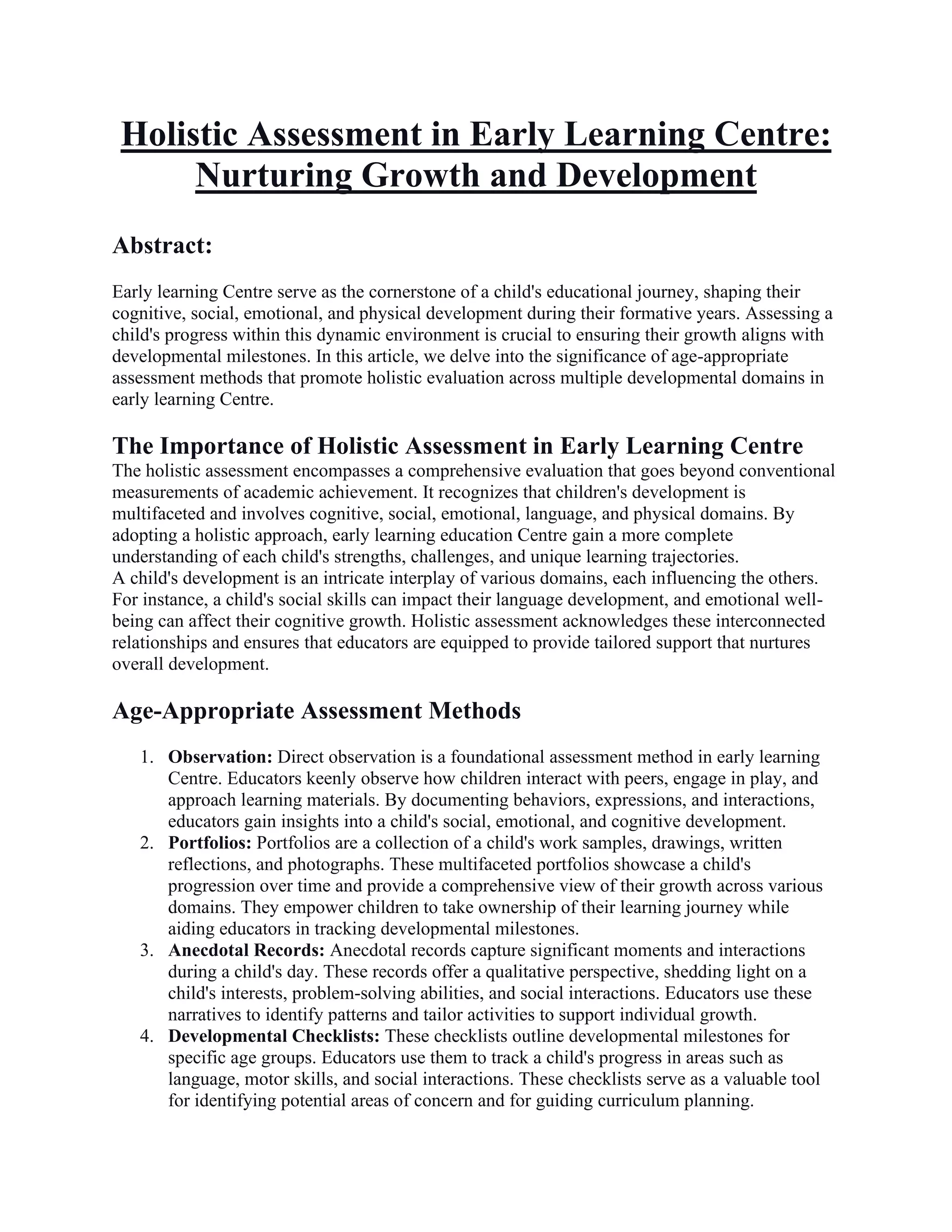 Holistic Assessment in Early Learning Centre: Nurturing Growth and ...