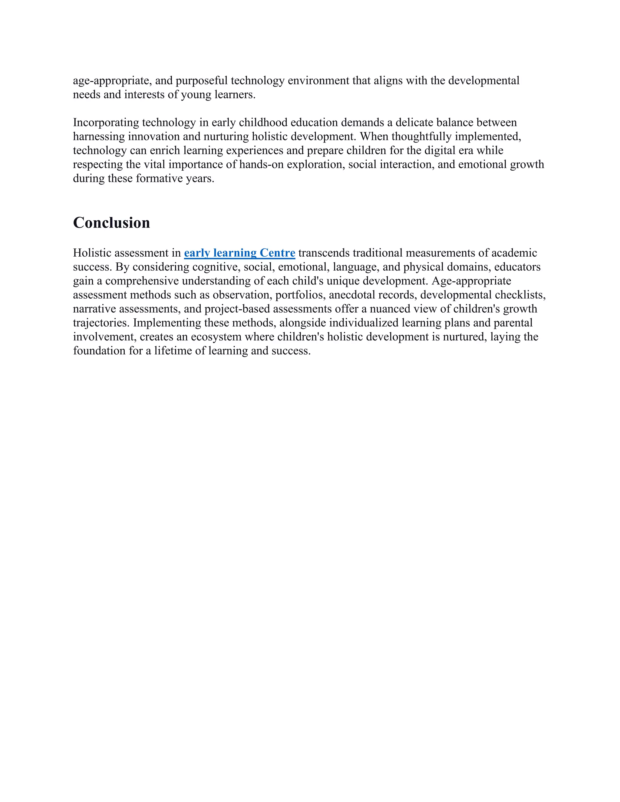 Holistic Assessment in Early Learning Centre: Nurturing Growth and Development | PDF