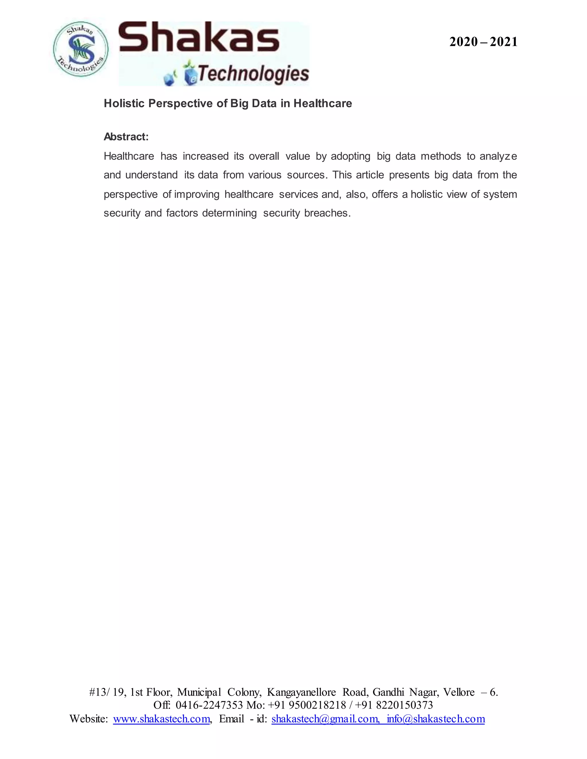 Holistic perspective of big data in healthcare | PDF