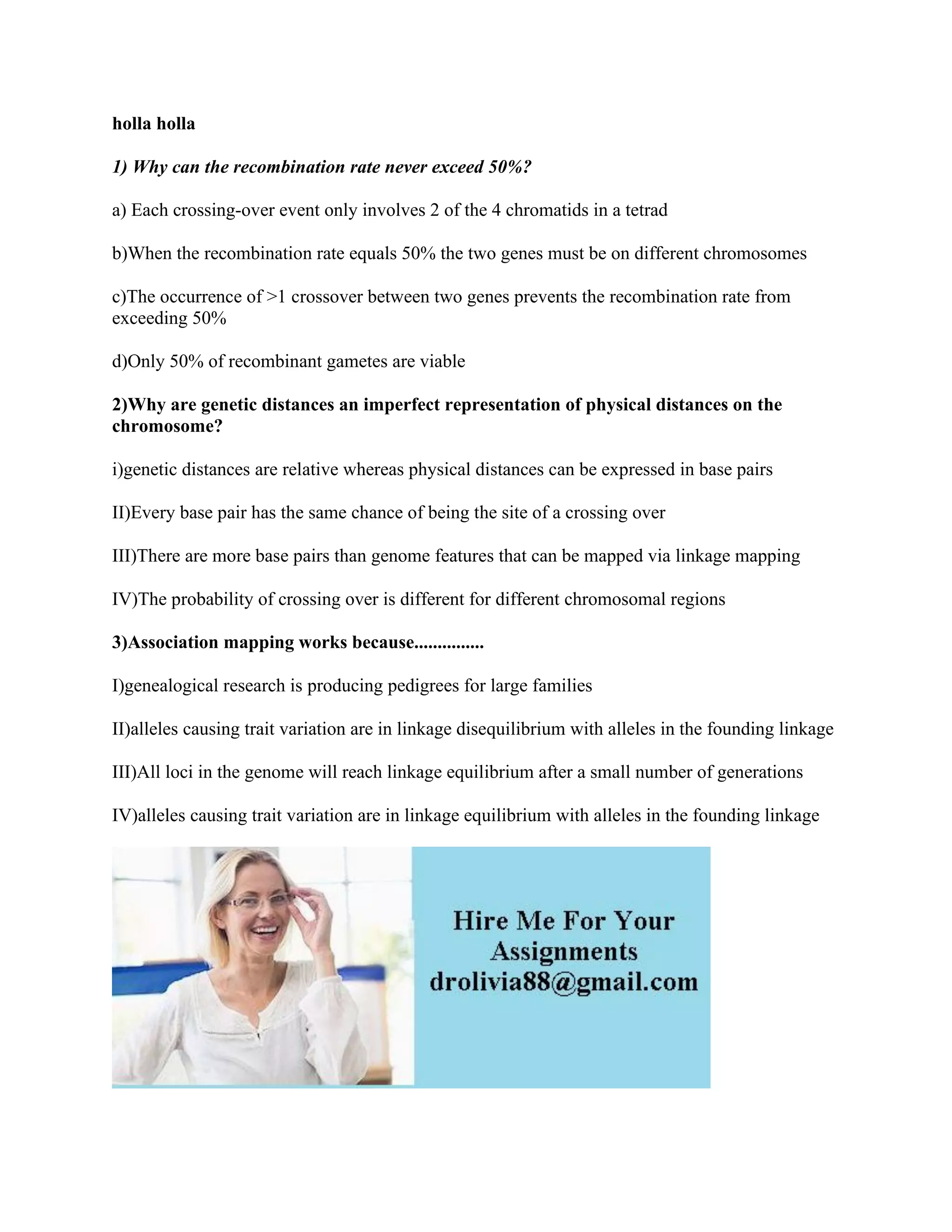 holla holla 1) Why can the recombination rate never exceed 50-- a).pdf | Genetics | Science