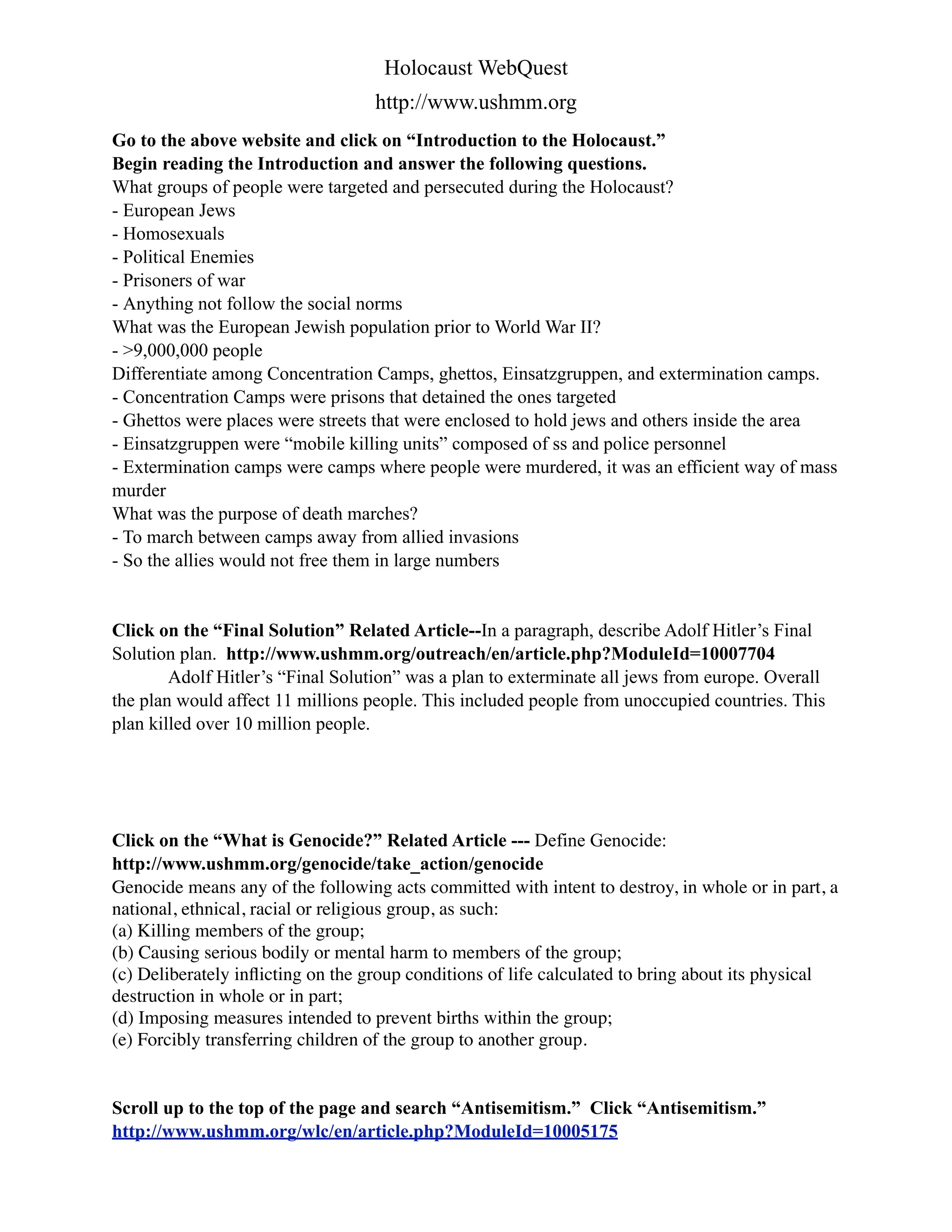 Holocaust Web Quest | PAGES