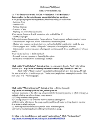 Holocaust Web Quest | PAGES