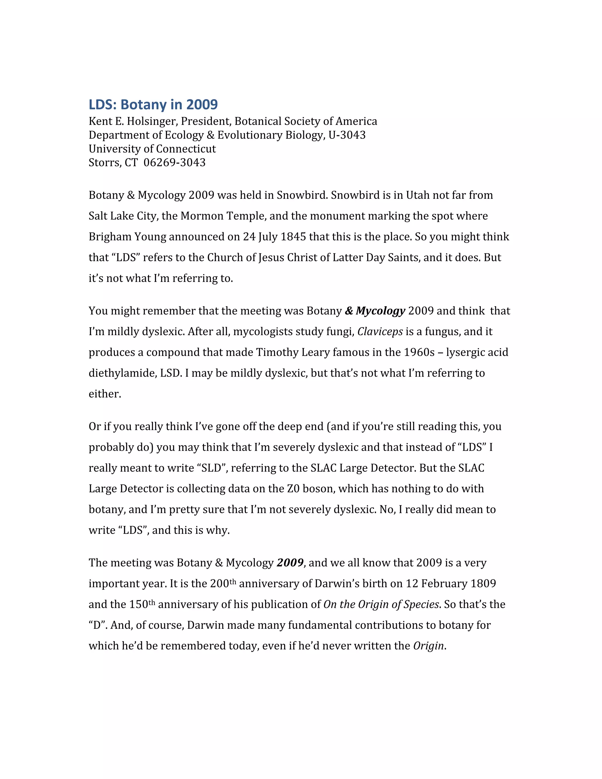 BSA Presidential Address 2009 | PDF