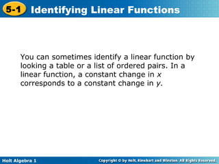 Holt alg1 ch5 1 identify linear functions | PPT
