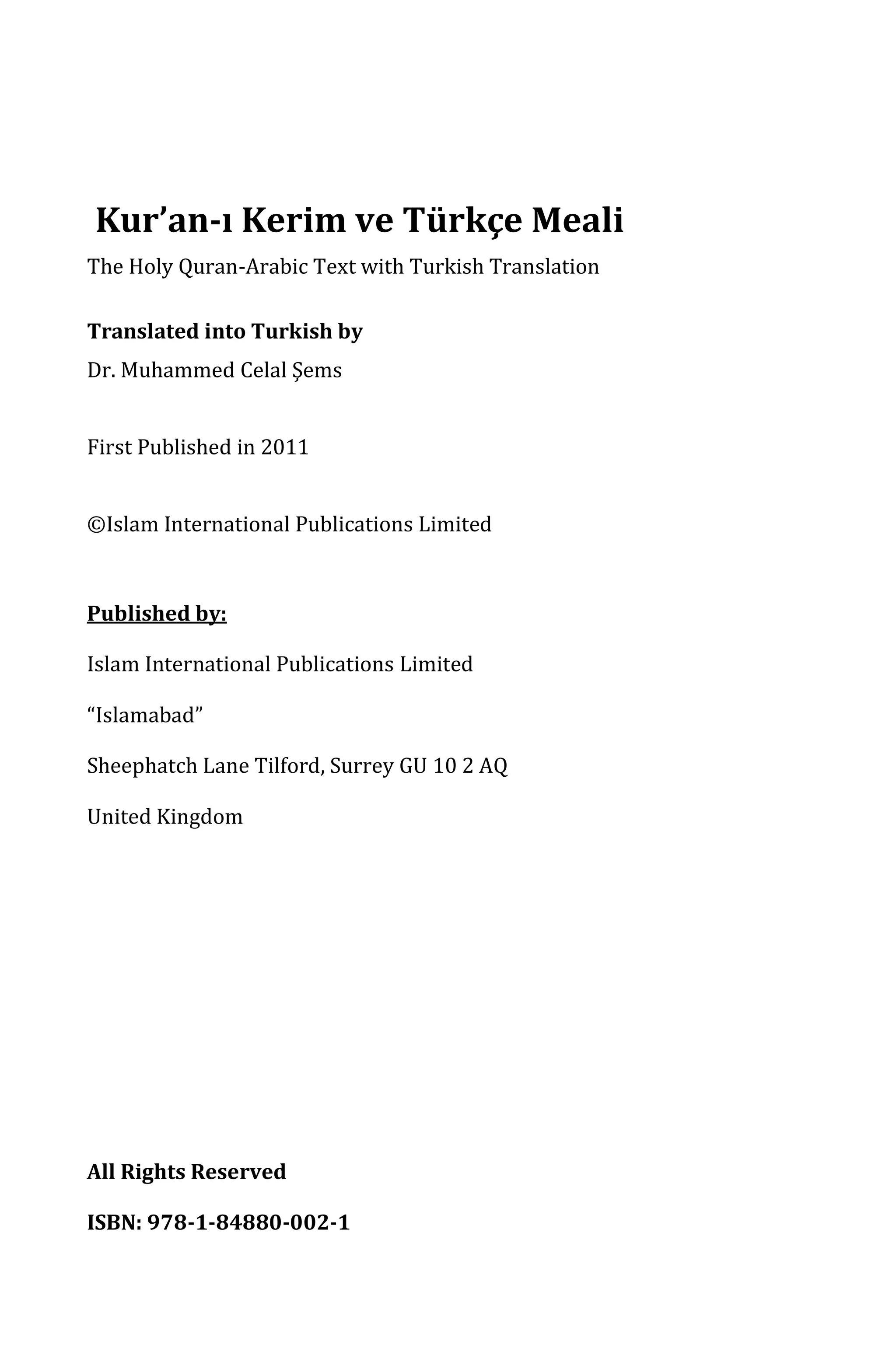 The Holy Qur'an Arabic Text and Turkish translation Kur'an-e kerim ve ...