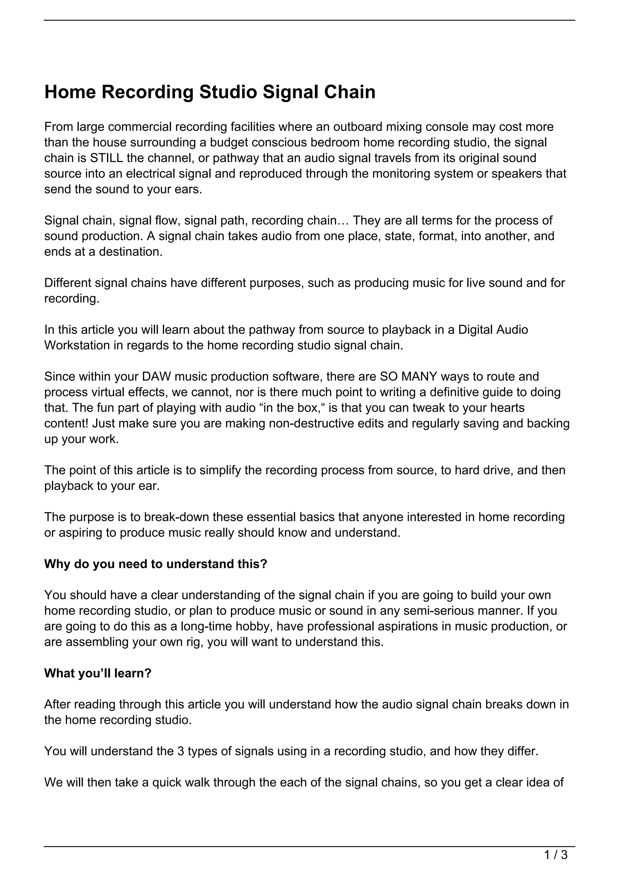 Home Recording Studio Signal Chain | PDF