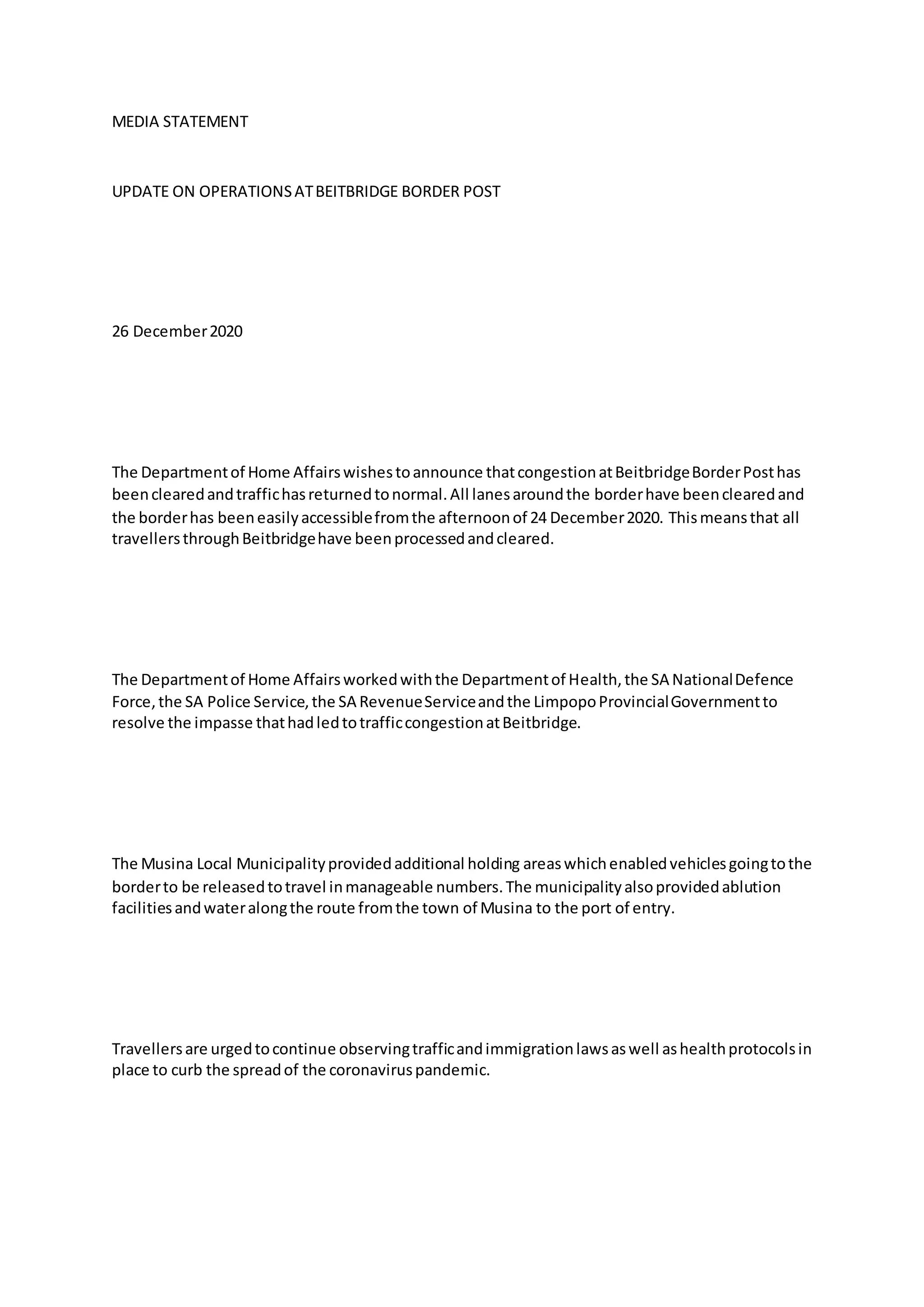 UPDATE ON OPERATIONS AT BEITBRIDGE BORDER POST | DOCX