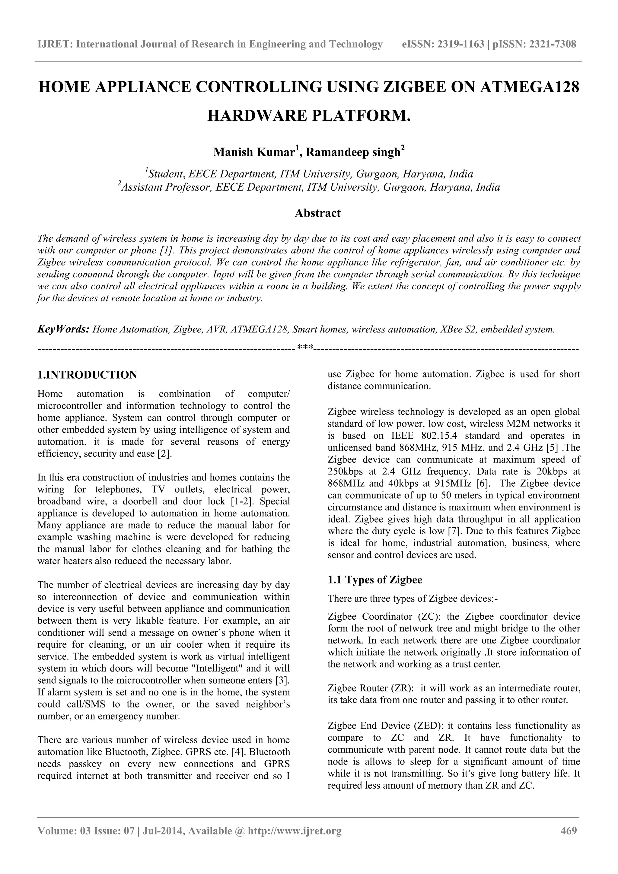 Home appliance controlling using zigbee on atmega128 hardware platform. | PDF | Home Appliances ...