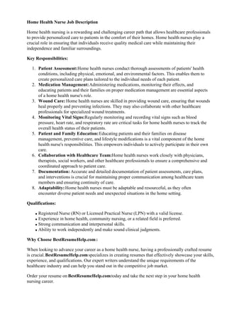 Home Health Nurse Job Description Resume | PDF