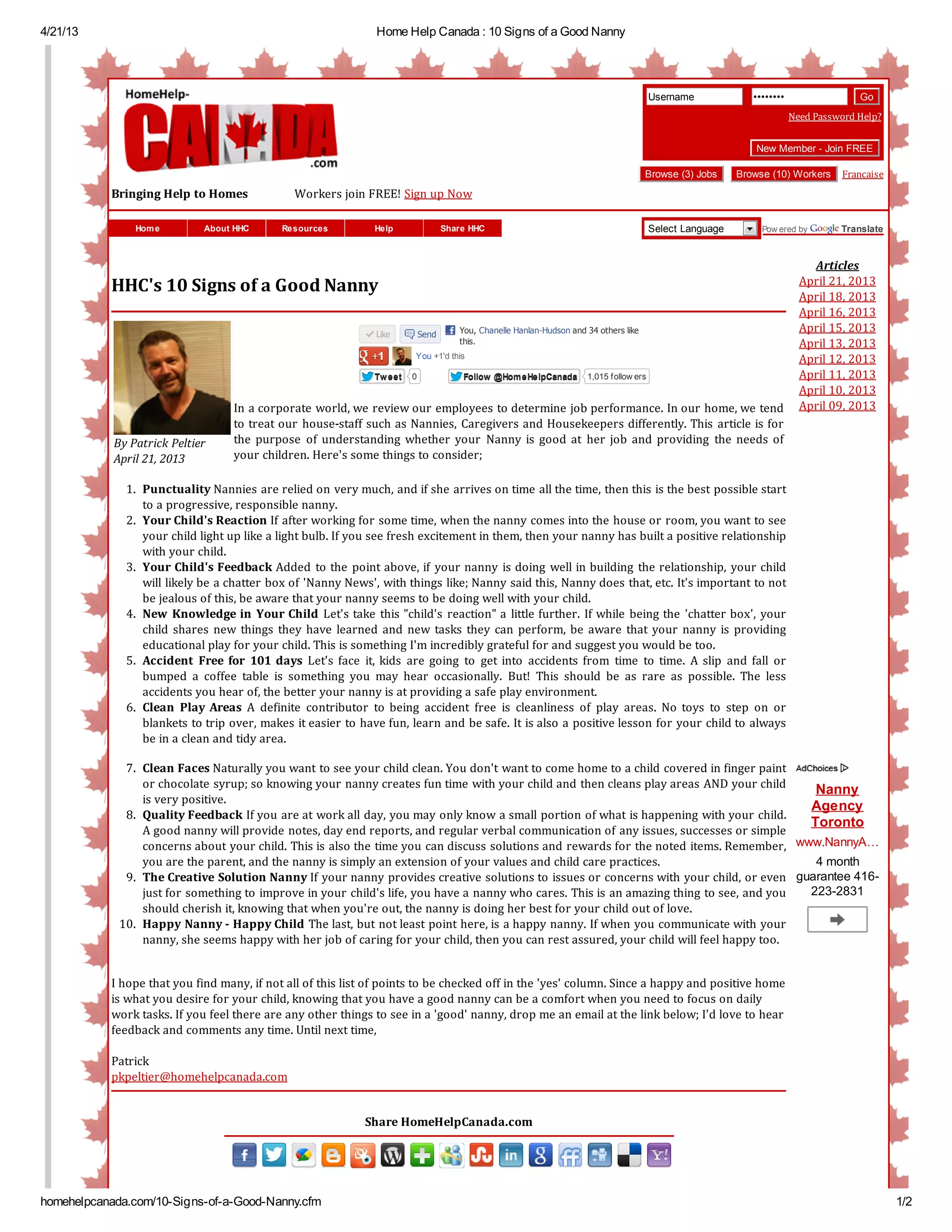 Home help canada 10 signs of a good nanny | PDF