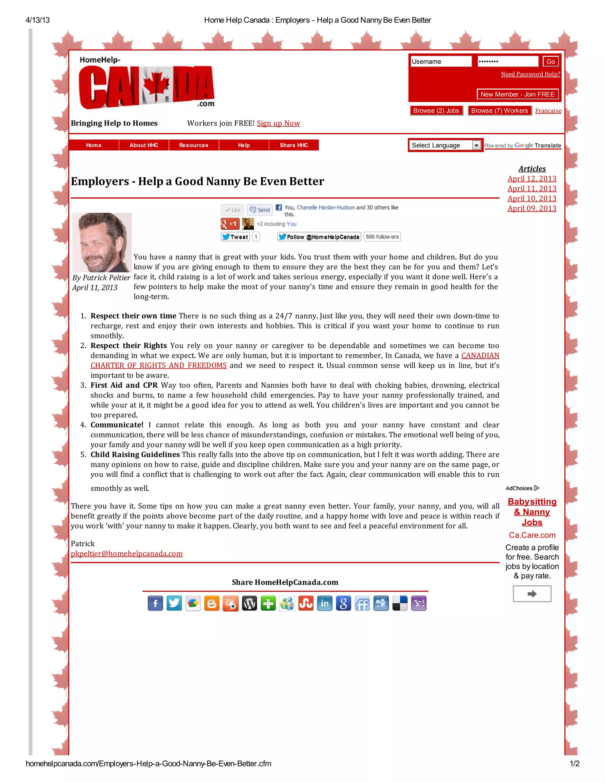 Home help canada employers help a good nanny be even better | PDF