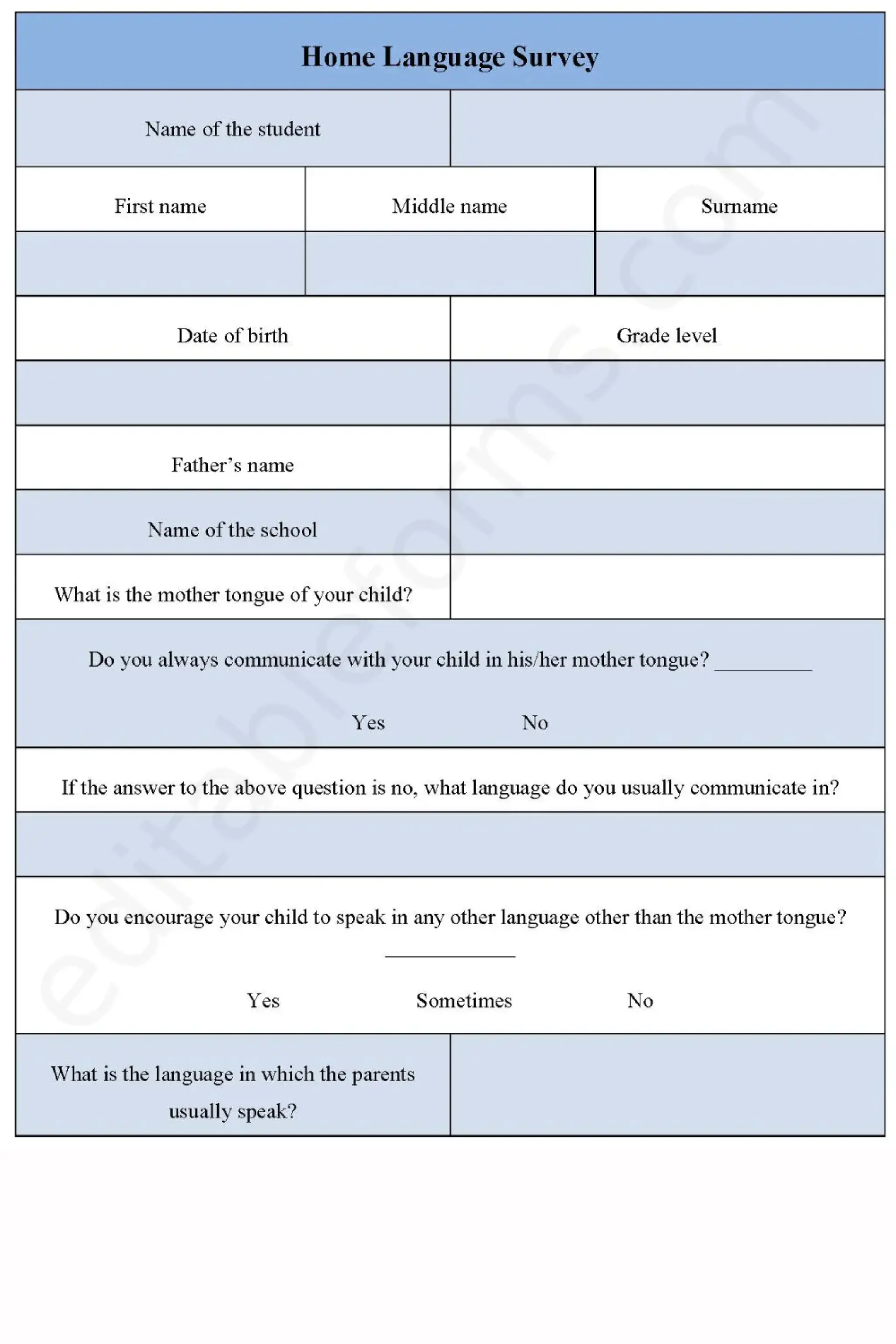Home Language Survey Fillable PDF Template | PDF